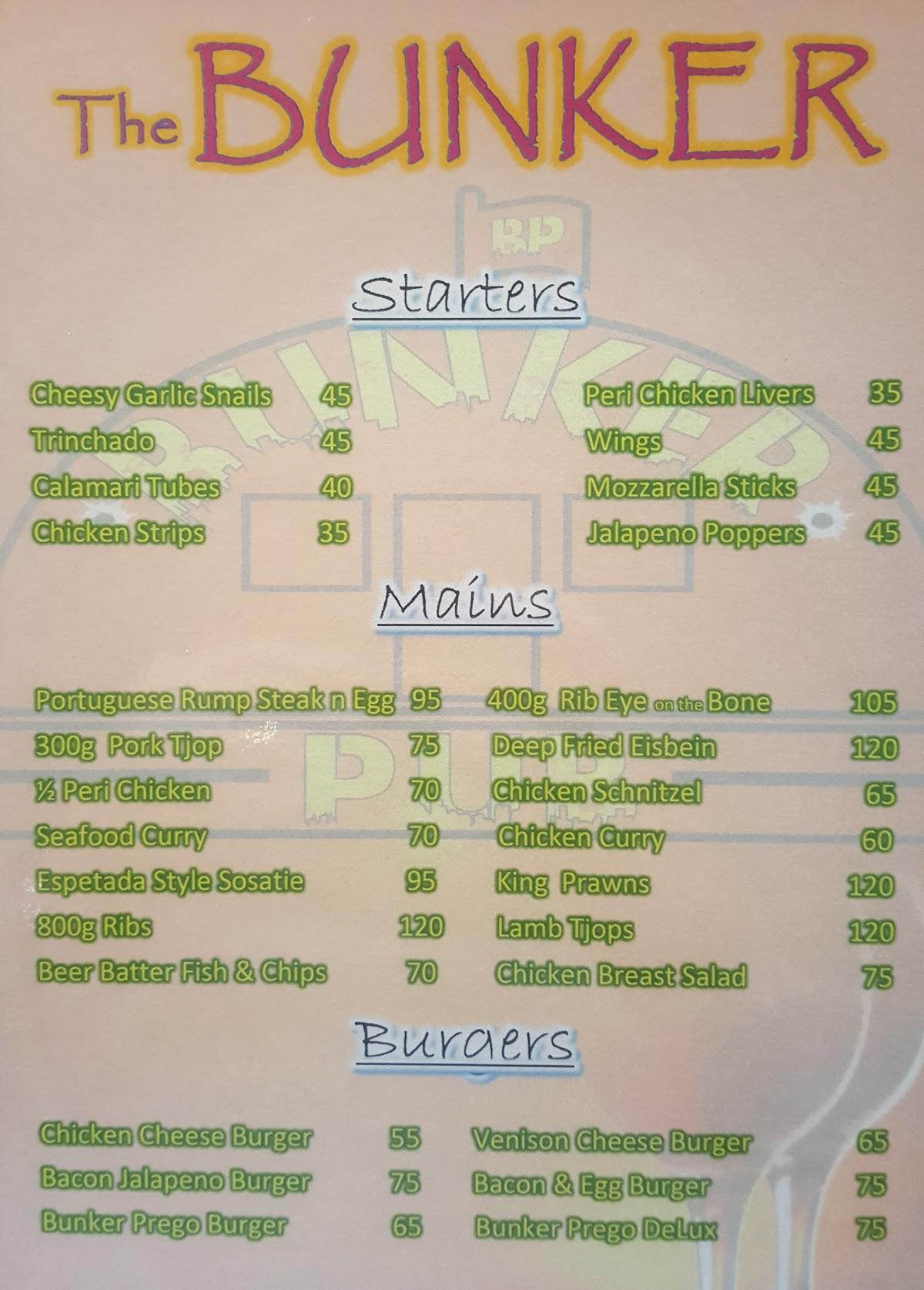Menu at The Bunker restaurant, Benoni