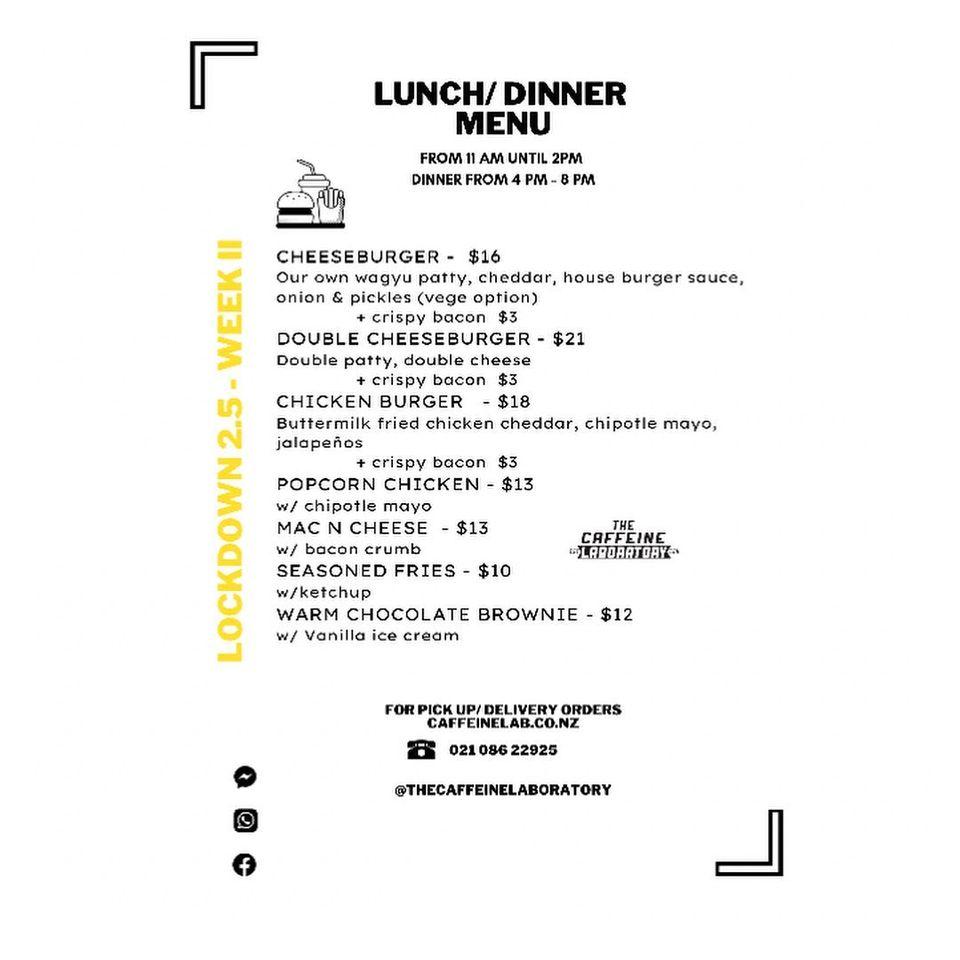 Menu at The Caffeine Laboratory cafe, Christchurch, 1 New Regent Street