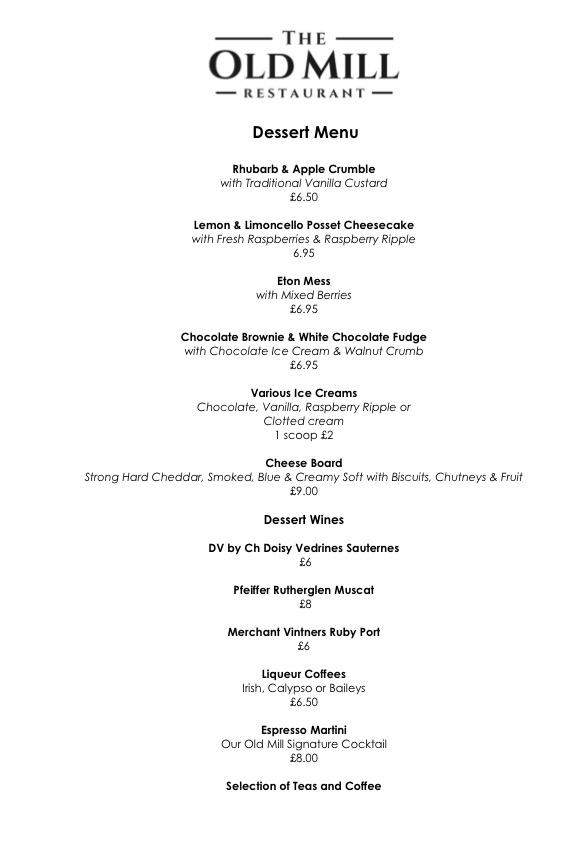 Menu at The Old Mill Restaurant, Southampton