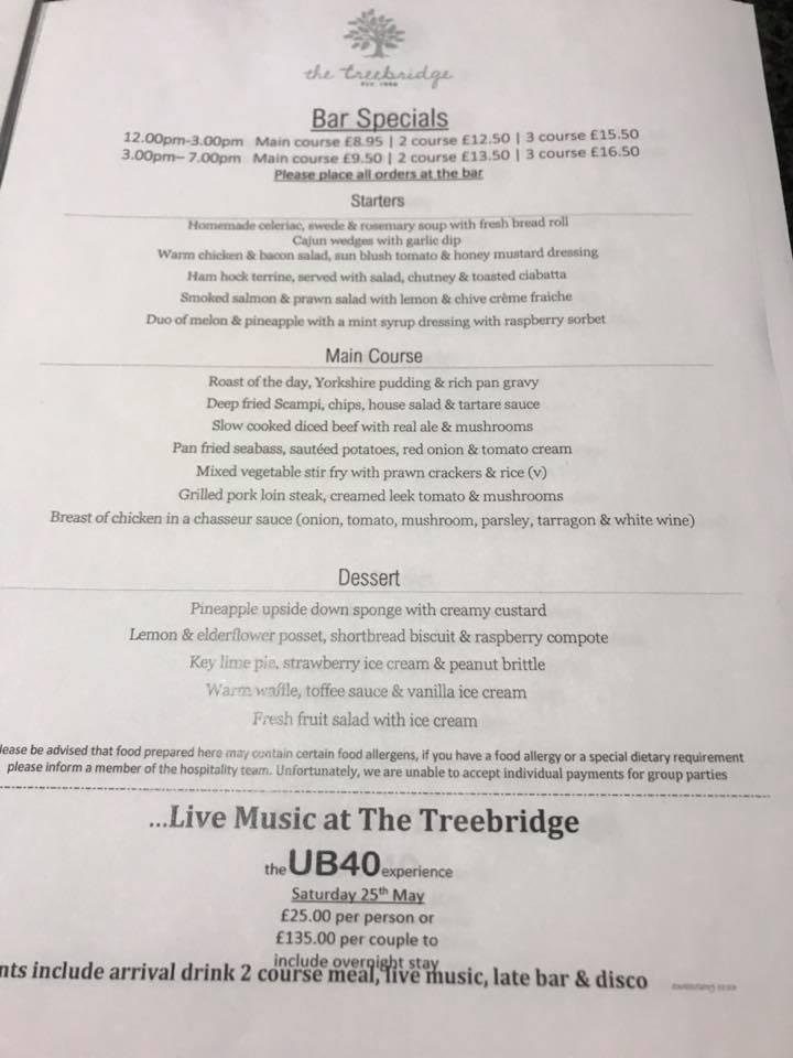 Menu at The Treebridge Hotel pub & bar, Middlesbrough