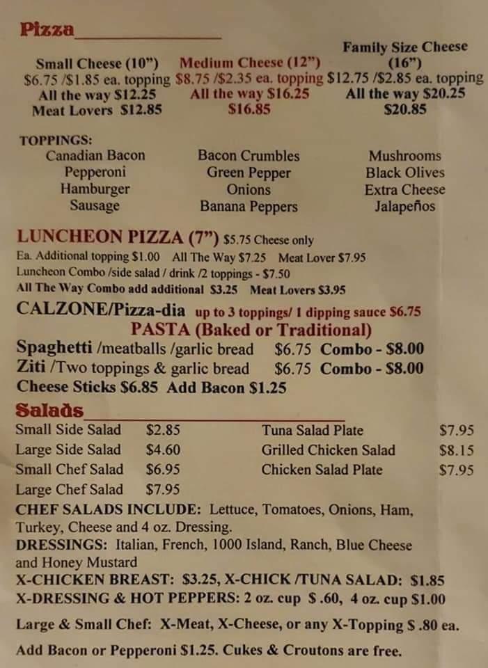 Menu at Chubby's of Baton pizzeria, Lenoir