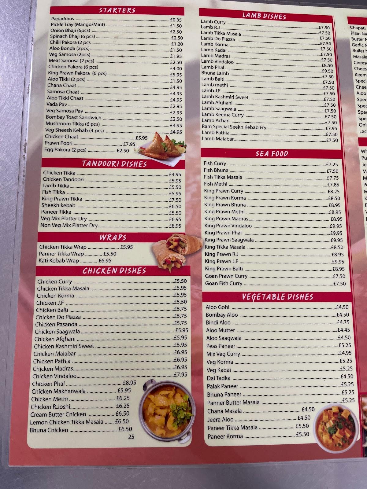 Menu at Ram Curry House restaurant, Gibraltar