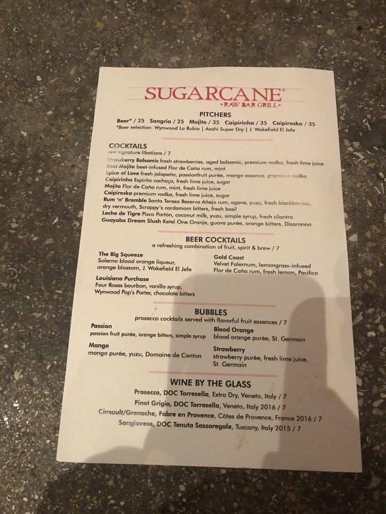 Menu at Sugarcane restaurant, Miami
