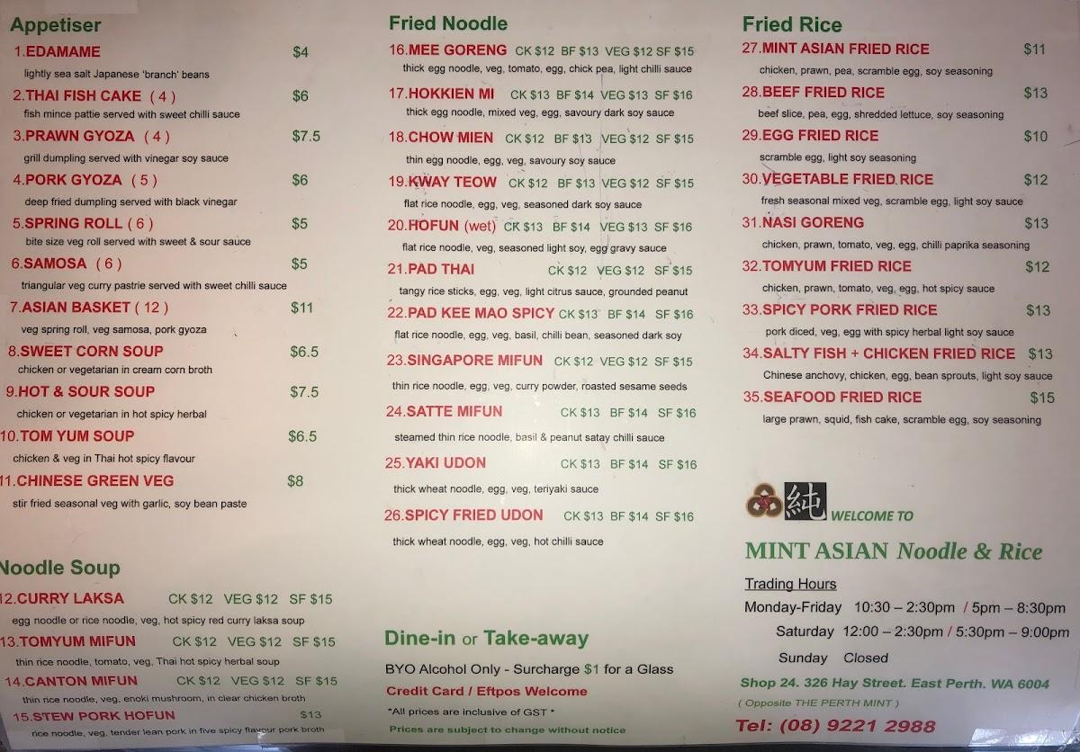 Menu at The Mint Asian - Noodle & Rice restaurant, East Perth