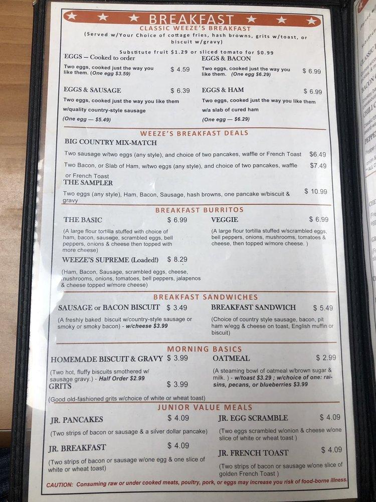 Menu at Weeze's Cafe, Bartlesville
