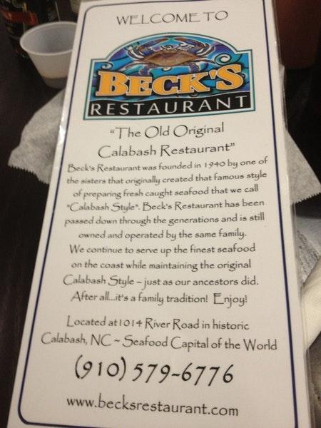 Menu at Beck's Restaurant, Calabash