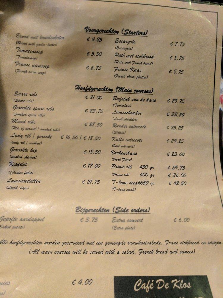 Menu at Cafe De Klos, Amsterdam