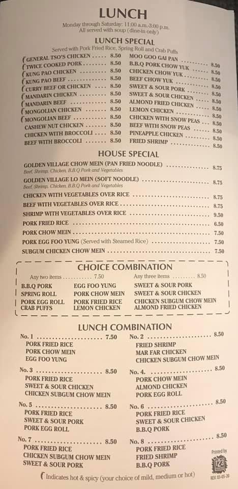 Menu at Golden Village Restaurant, Milton-Freewater