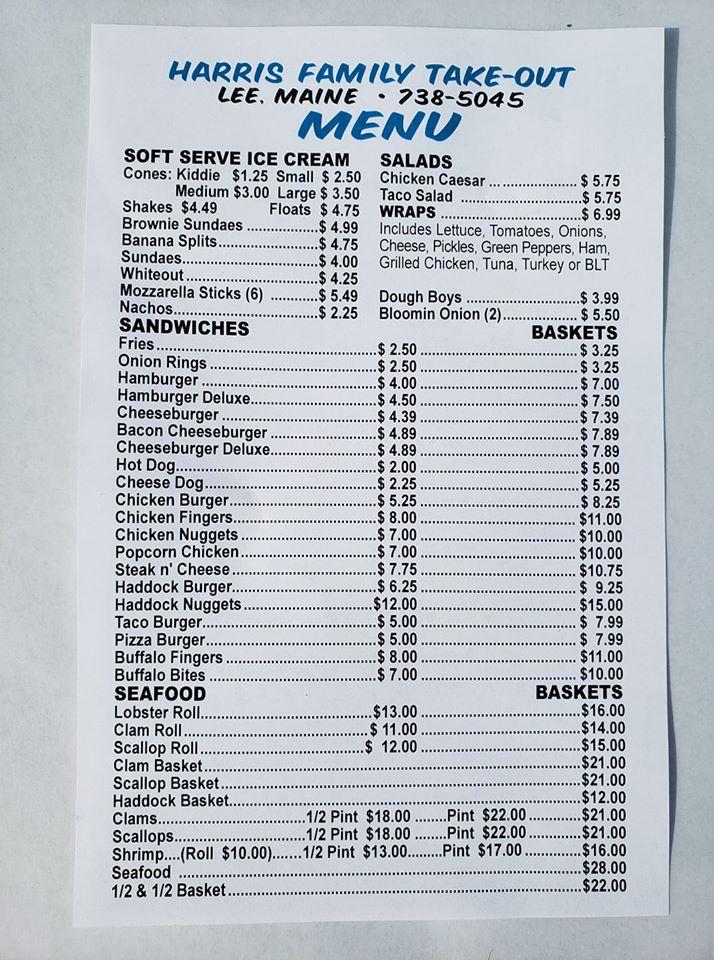Menu at Harris Family Takeout restaurant, Lee