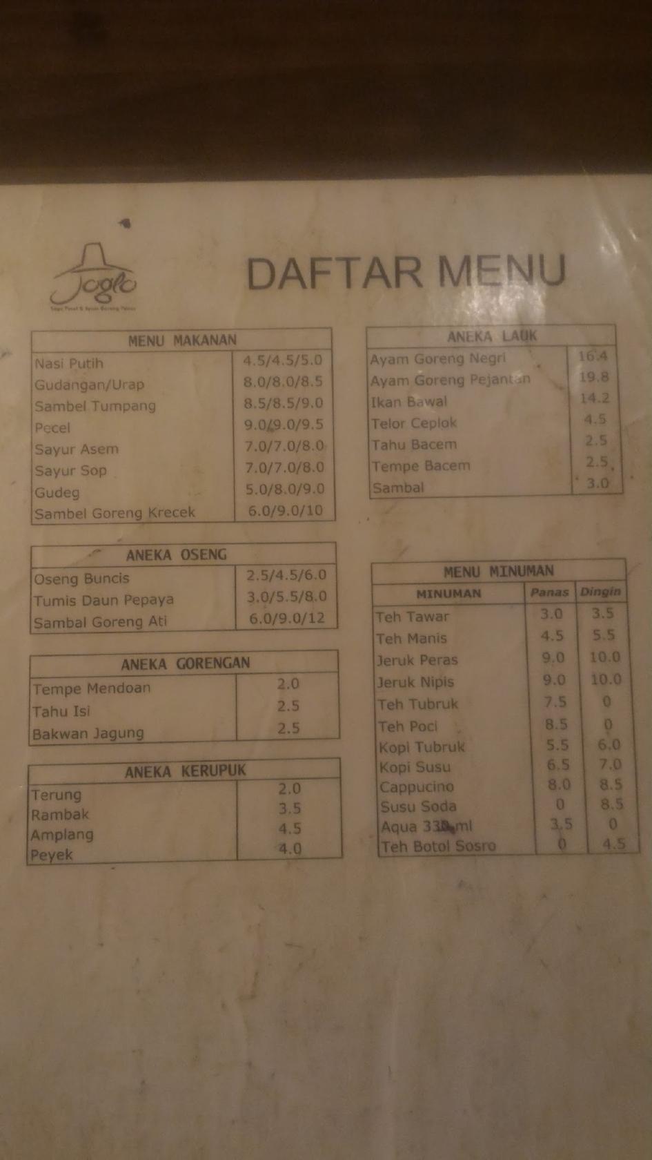 Menu at Joglo restaurant, Bekasi Regency