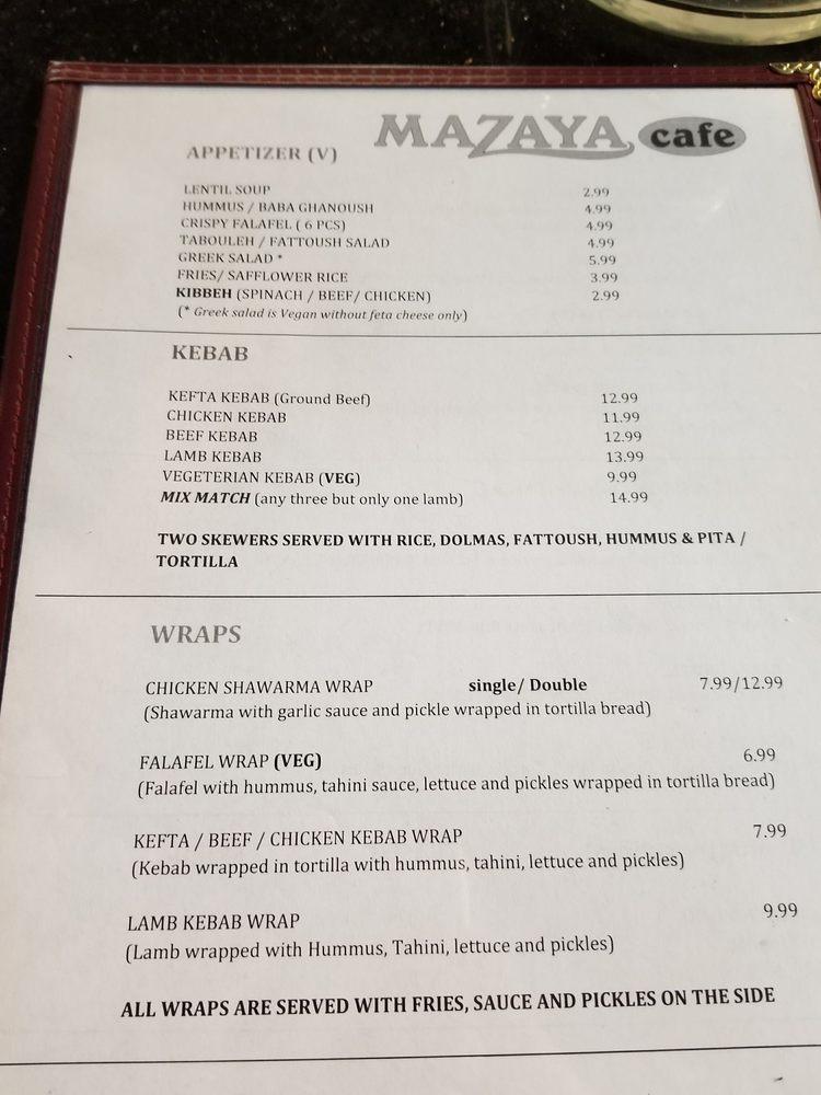 Menu at Mazaya Cafe, Albuquerque
