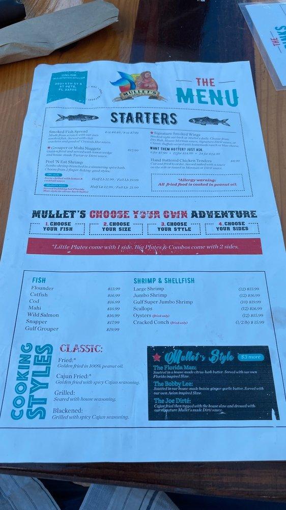 Menu at Mullet's Fish Camp restaurant, Saint Petersburg