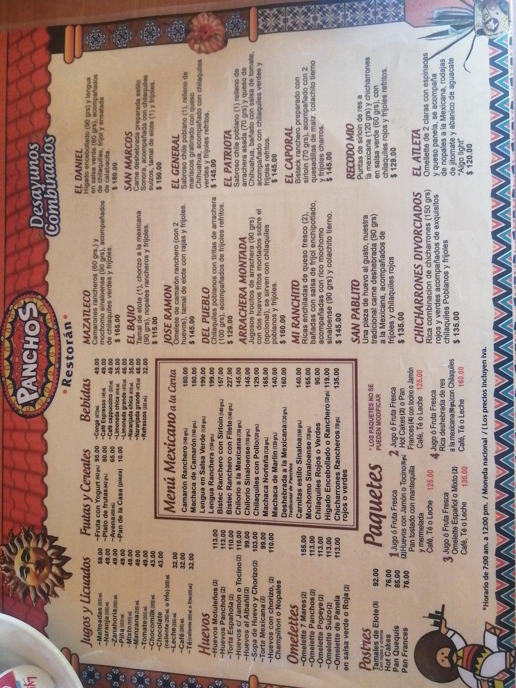Menu at Pancho's Restaurant, Mazatlán, Av. Gaviotas 408