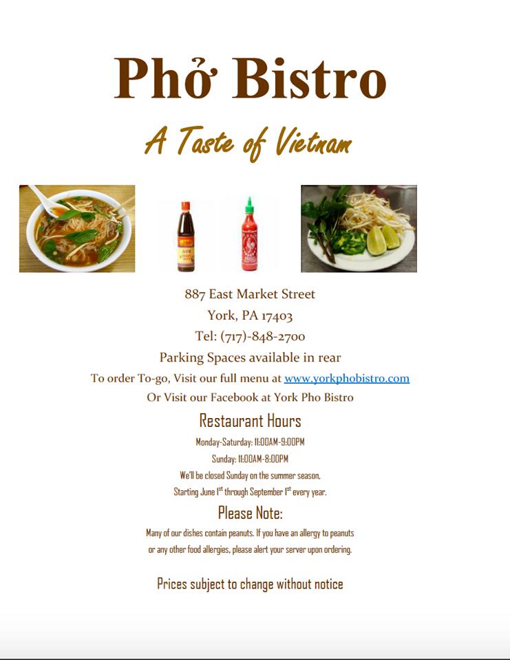 Menu at Pho Bistro restaurant, York