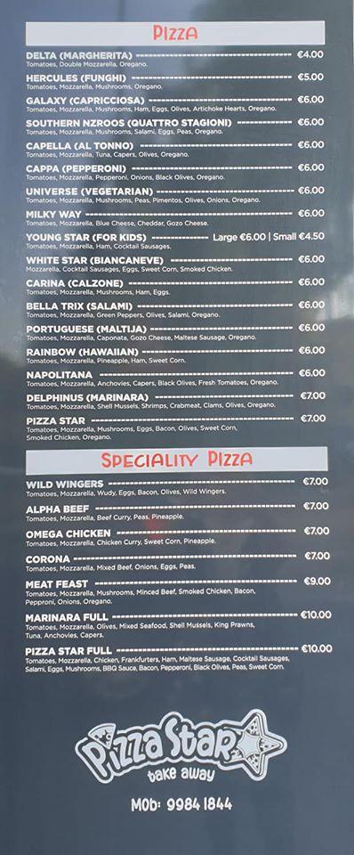 Menu at Pizza Star pizzeria, Ħaż-Żabbar
