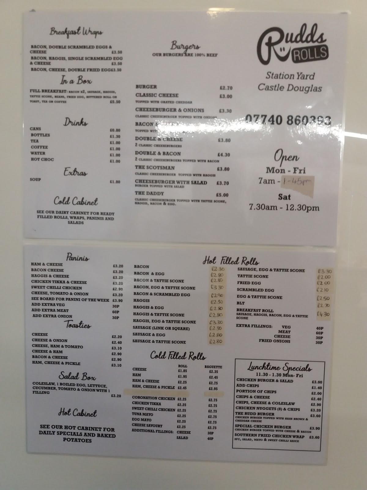 Menu at Rudds Rolls, Castle Douglas