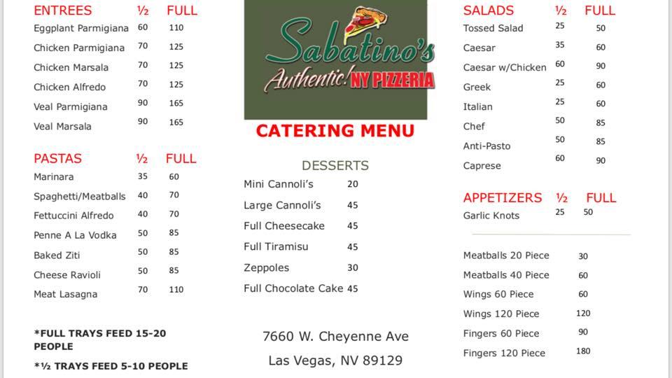 Menu at Sabatino's NY Pizzeria, Las Vegas