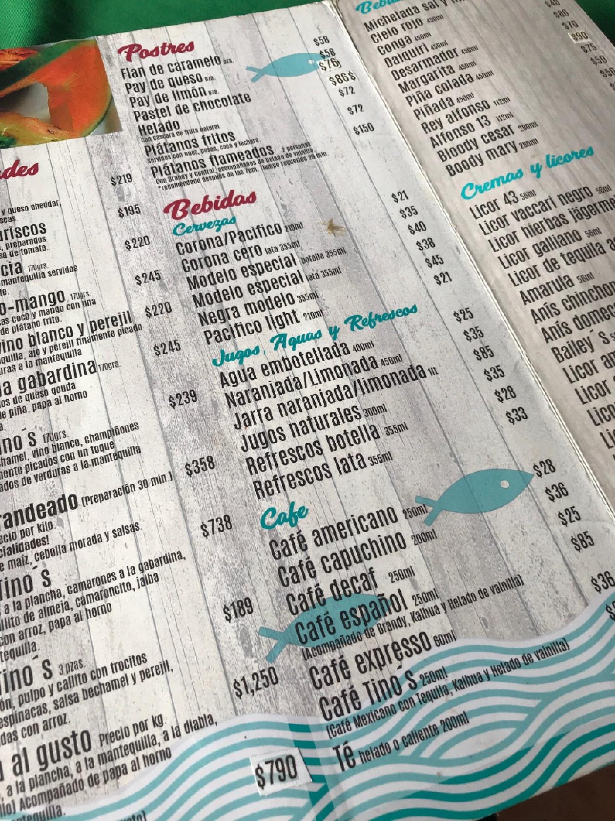 Menu at Tino's La Laguna restaurant, Nuevo Vallarta