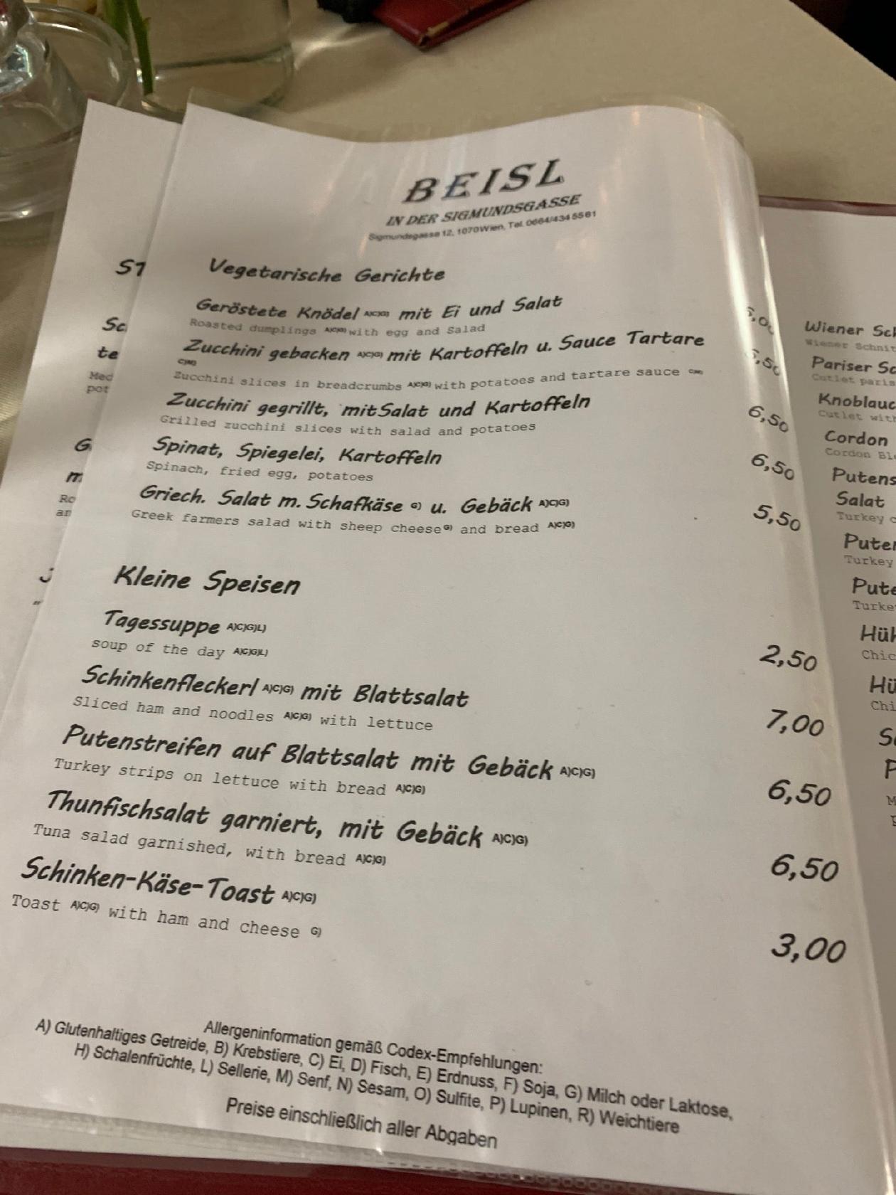 Menu at Beisl in der Sigmundsgasse restaurant, Vienna, Sigmundsgasse 12