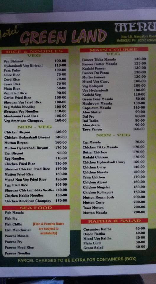 Menu at Hotel Green Land, Madikeri, GT Rd