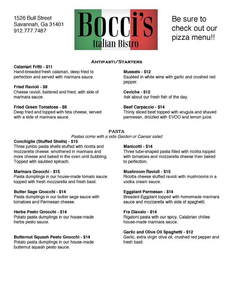 Menu at Bocci’s Italian Bistro on Bull pizzeria, Savannah