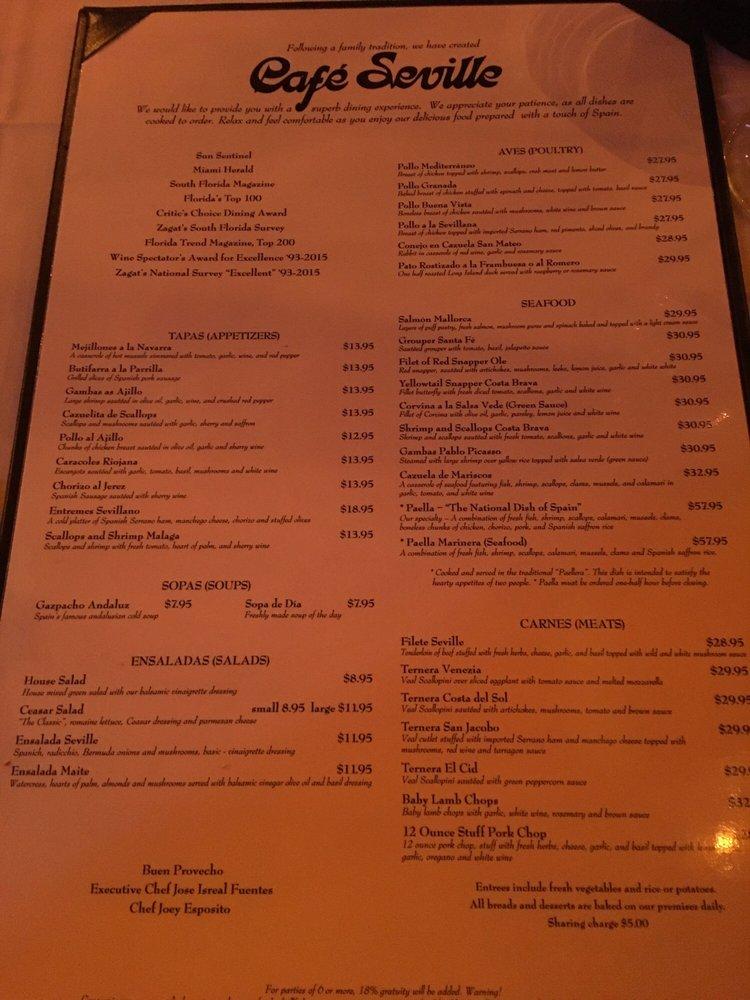 Menu at Cafe Seville, Fort Lauderdale