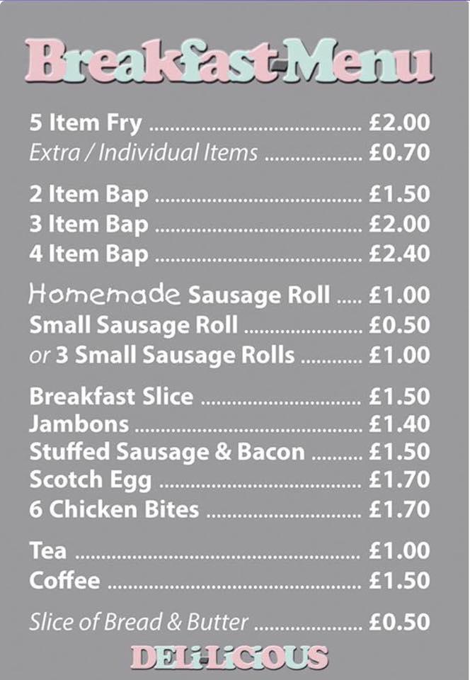 Menu at Deli-licious restaurant, Ballymena