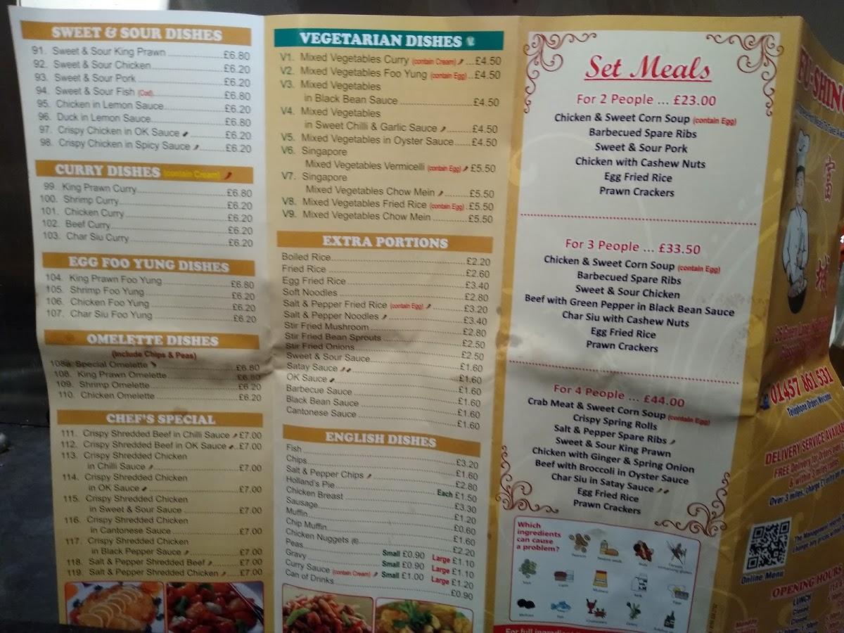 Menu at Fu Shing fast food, Glossop