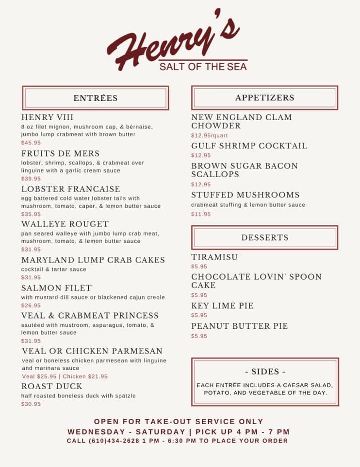 Menu at Henry's Salt of the Sea restaurant, Allentown