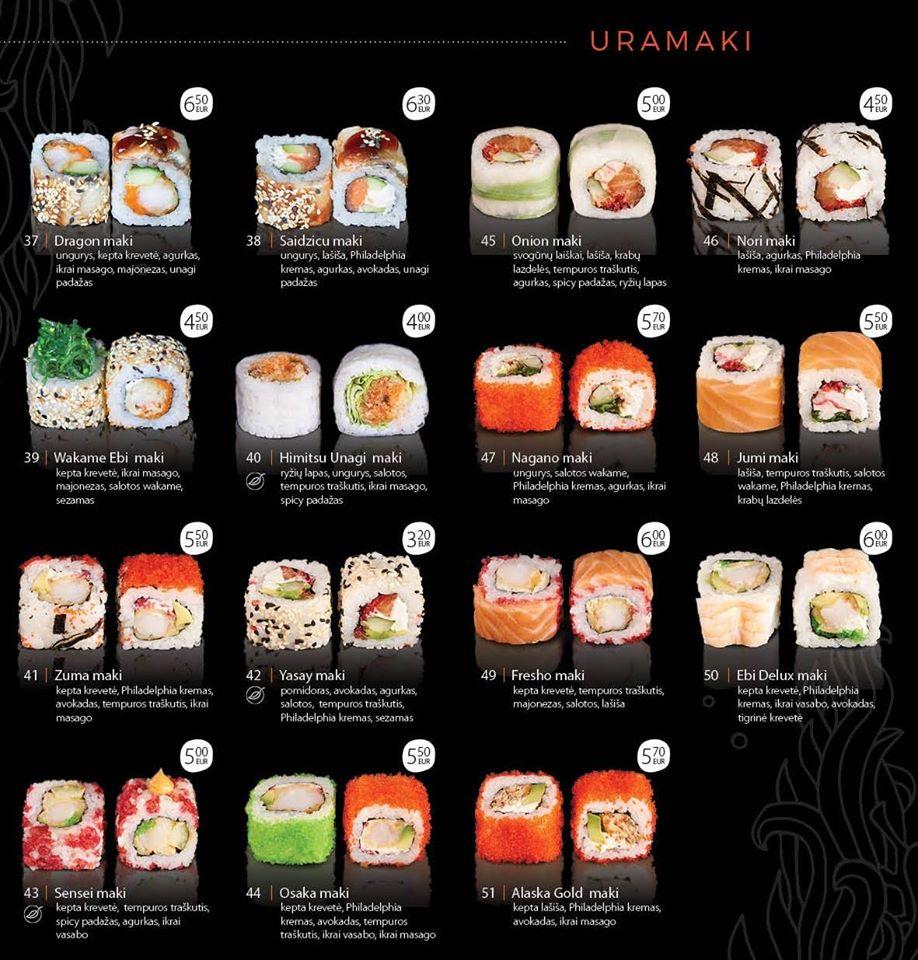 Menu at Sushi Box restaurant, Kaunas