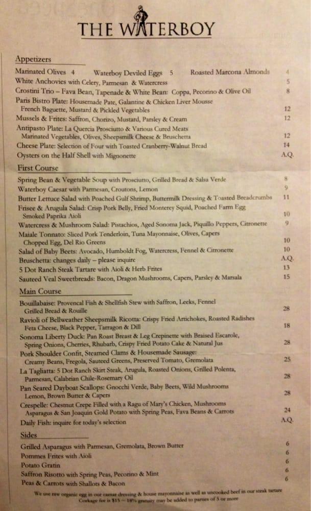 Menu at The Waterboy pub & bar, Sacramento