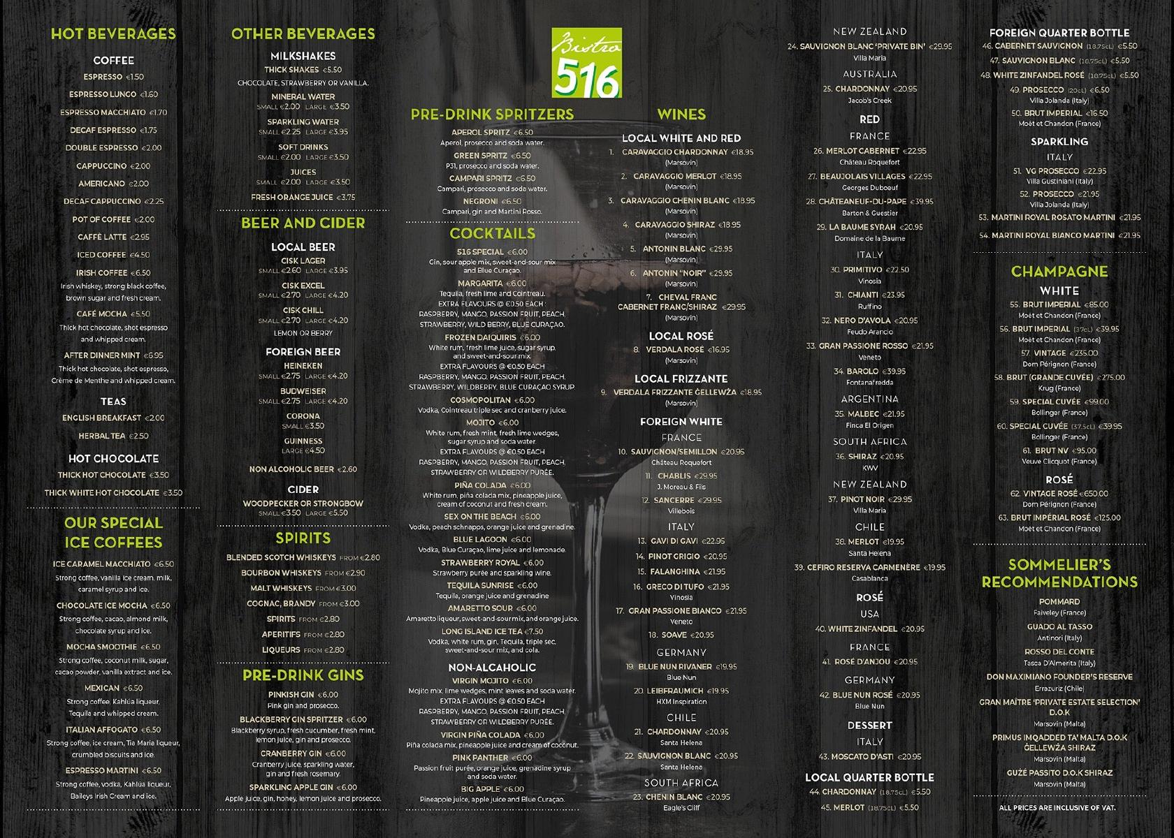 Menu at Bistro 516 restaurant, Floriana