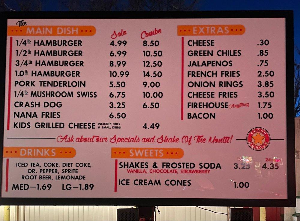 Menu at Crash Burger restaurant, Montrose