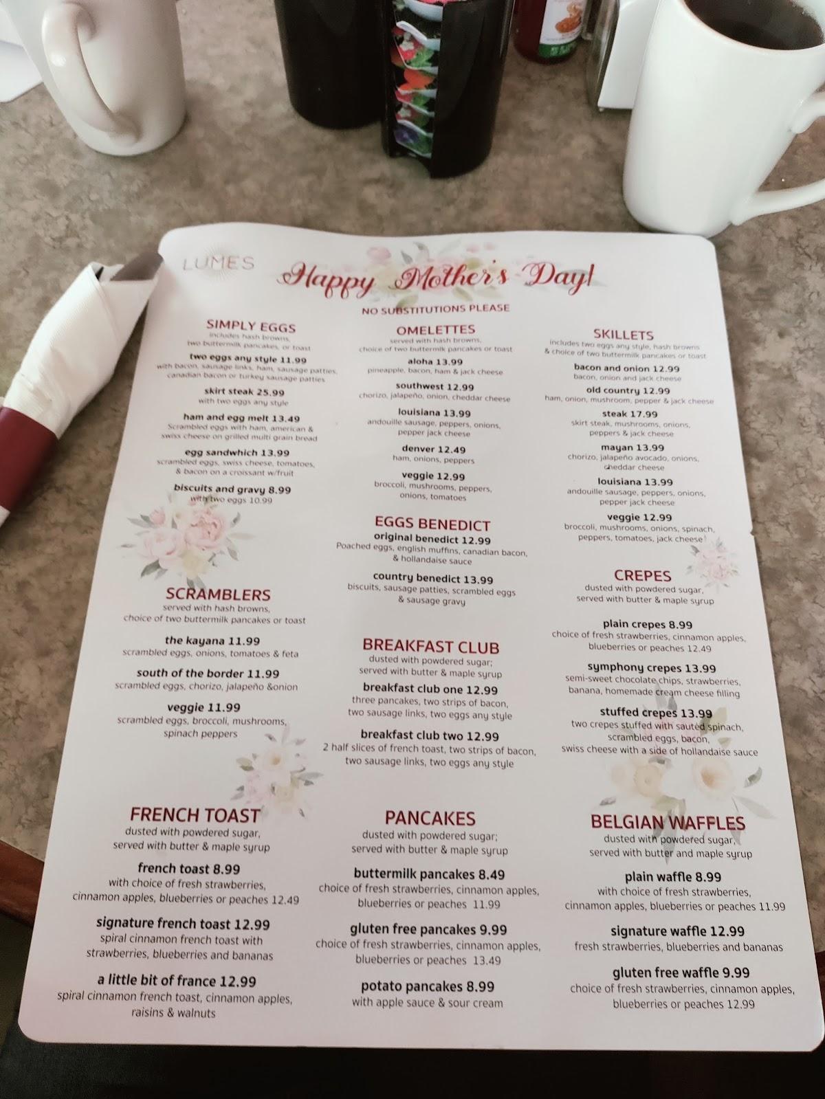 Menu at Lumes Pancake House restaurant, Orland Park, W 159th St