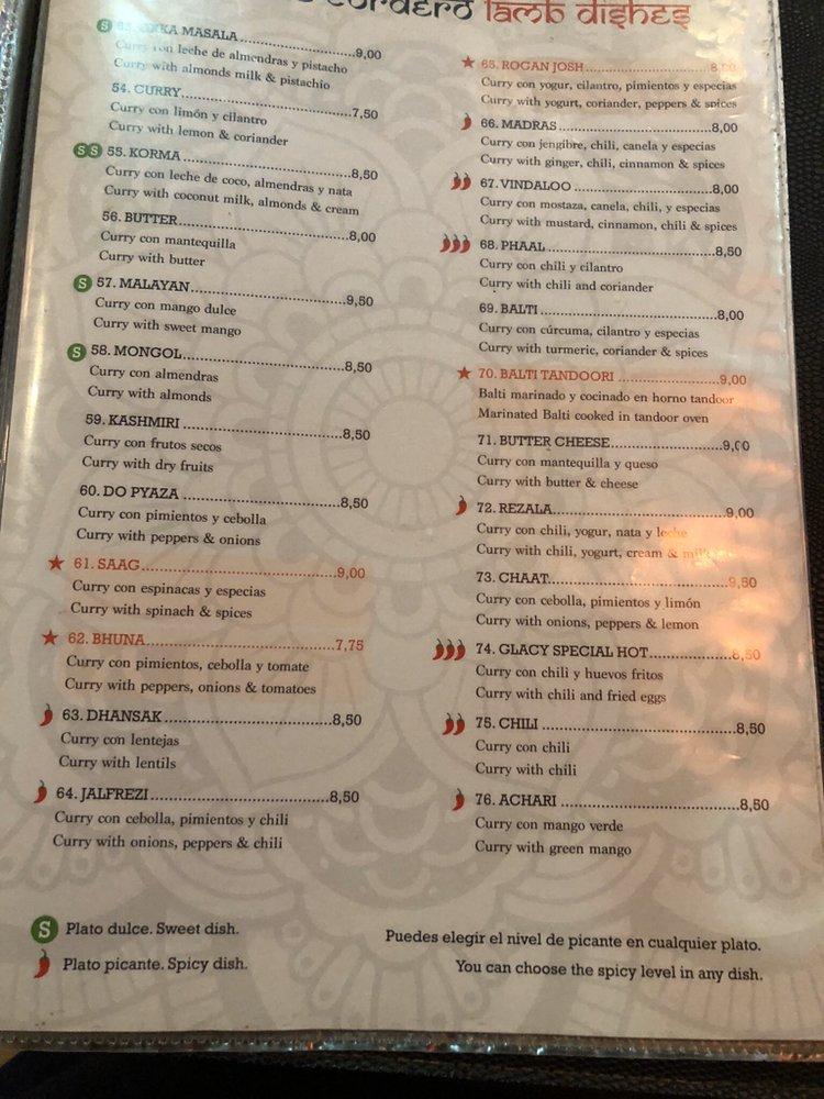 Menu at Moharaj restaurant, Madrid, C. del Ave María