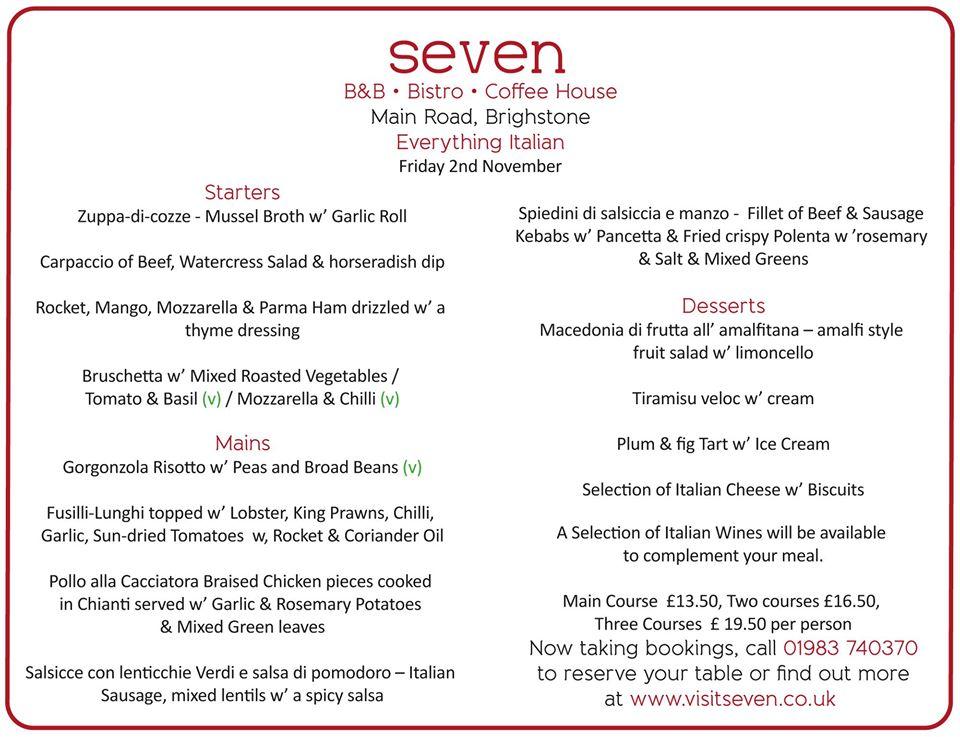 Menu at Seven cafe, Brighstone