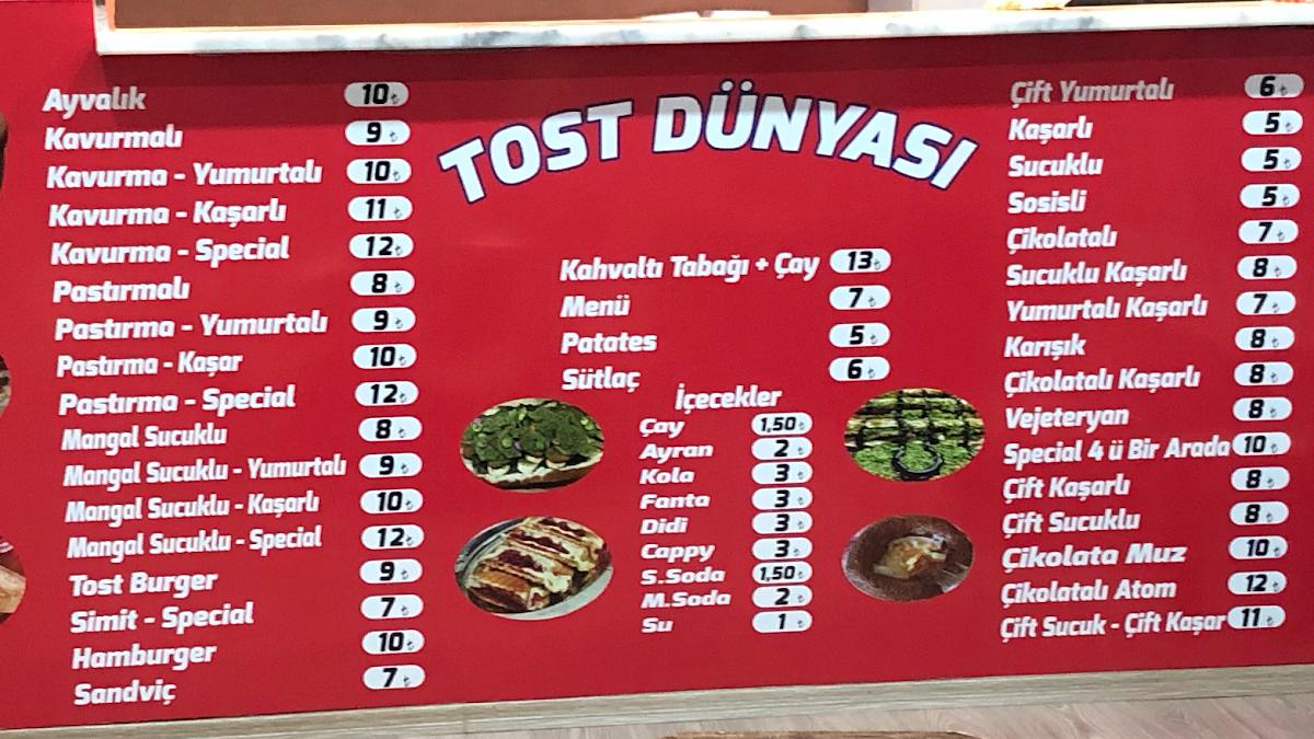 Menu at Tost Dünyası, Akçaabat