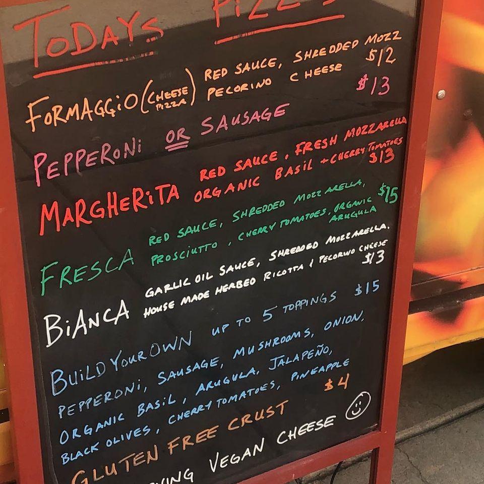 Menu at Wheels on Fire Pizza Truck, Northglenn
