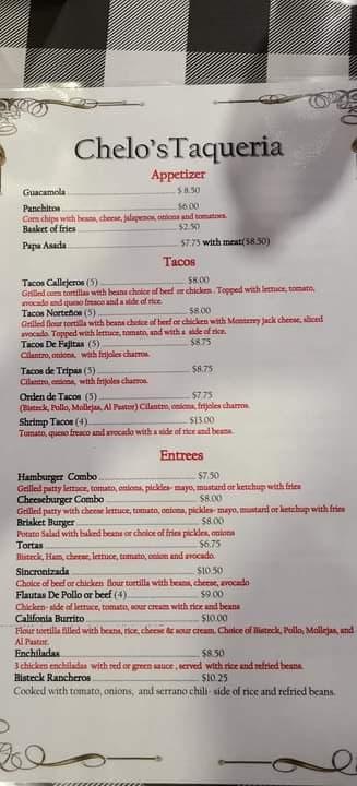 Menu at Chelo's Taqueria restaurant, Mission