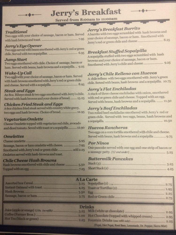 Menu at Jerry's Cafe, Gallup