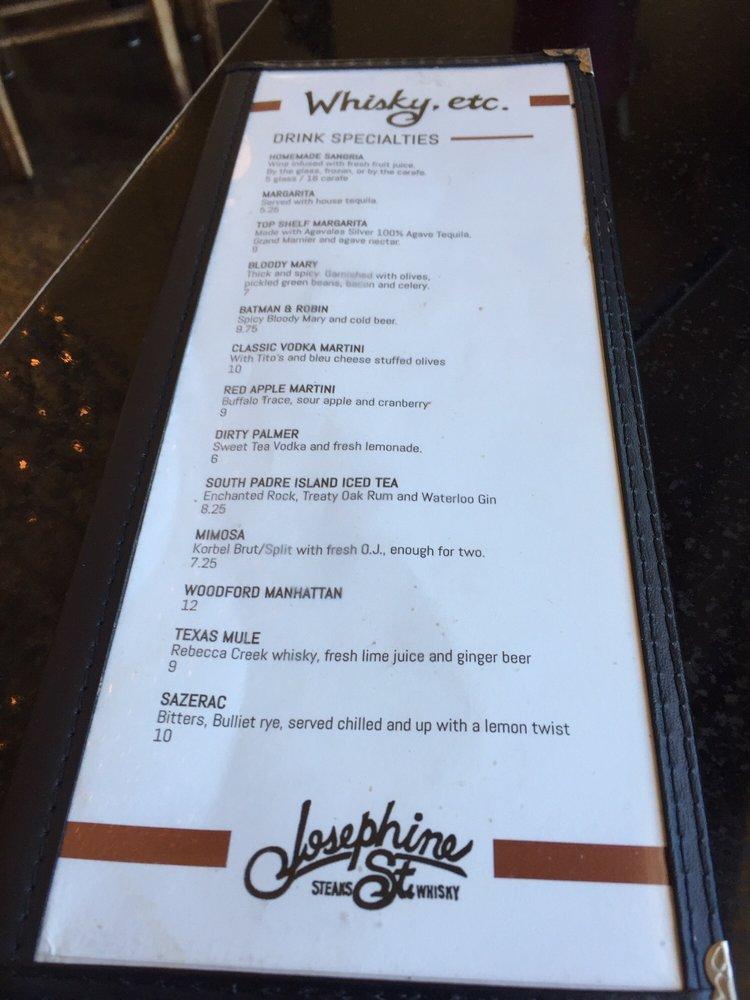Menu at Josephine Street steakhouse, San Antonio