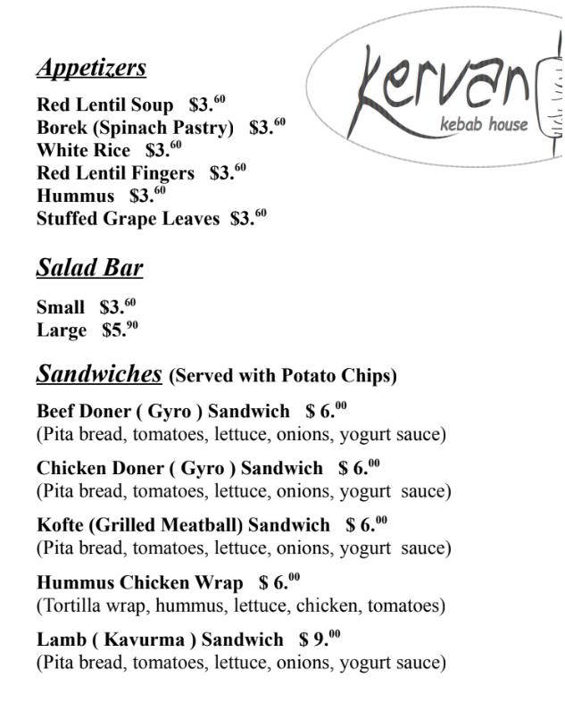 Menu at Kervan Kebab House restaurant, Chesapeake