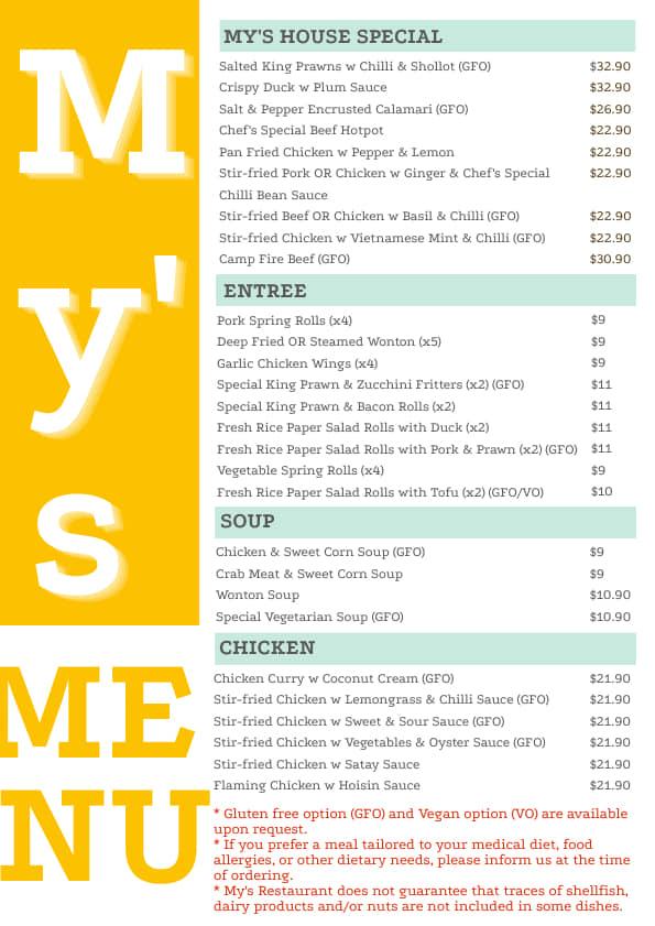 Menu at MY's Restaurant, Weston