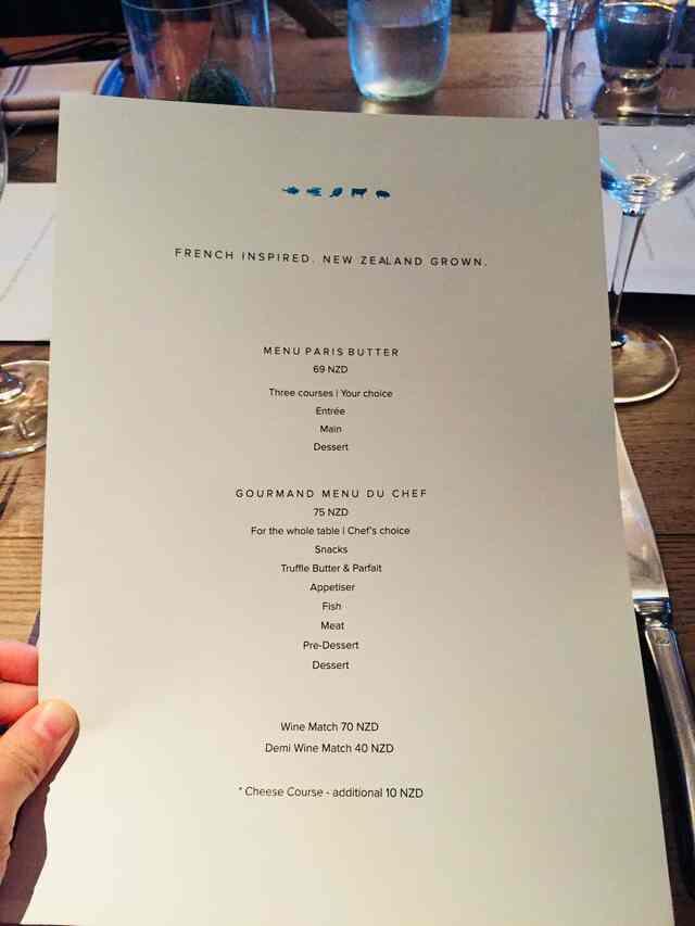 Menu at Paris Butter restaurant, Auckland
