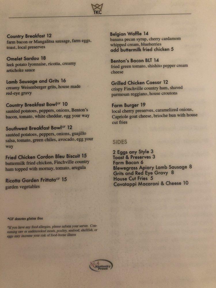 Menu at The Kentucky Castle restaurant, USA
