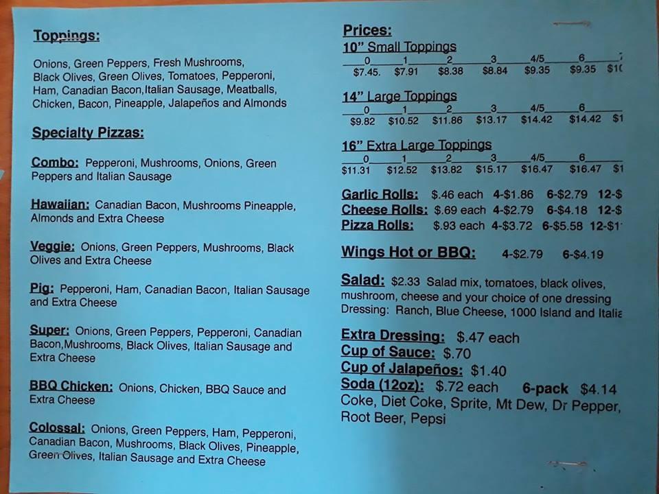 Menu at Ally's Pizza pizzeria, Sunset