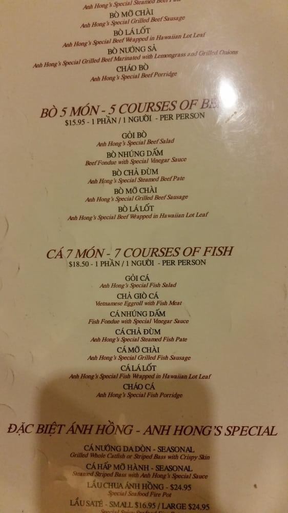 Menu at Anh Hong Restaurant, San Jose