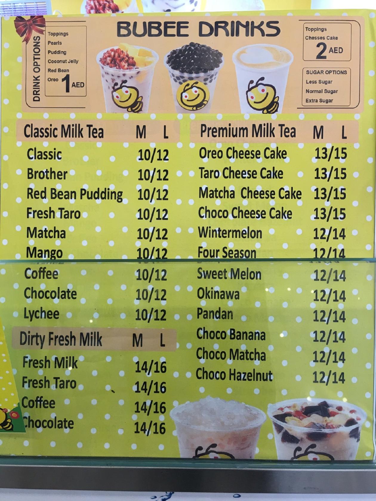 Menu at Bubee Drinks pub & bar, Dubai, Muraqqabat Road
