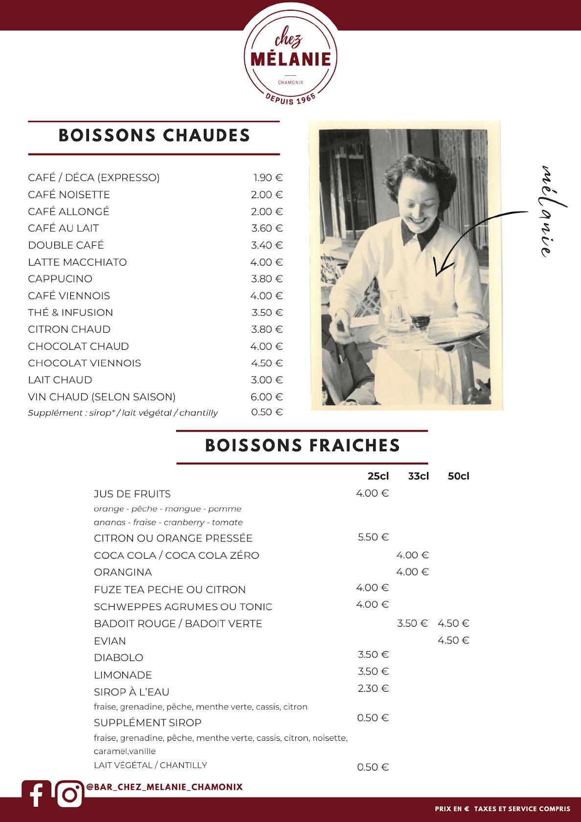 Menu at Café Bar - Chez Mélanie Chamonix Mont-Blanc, Chamonix