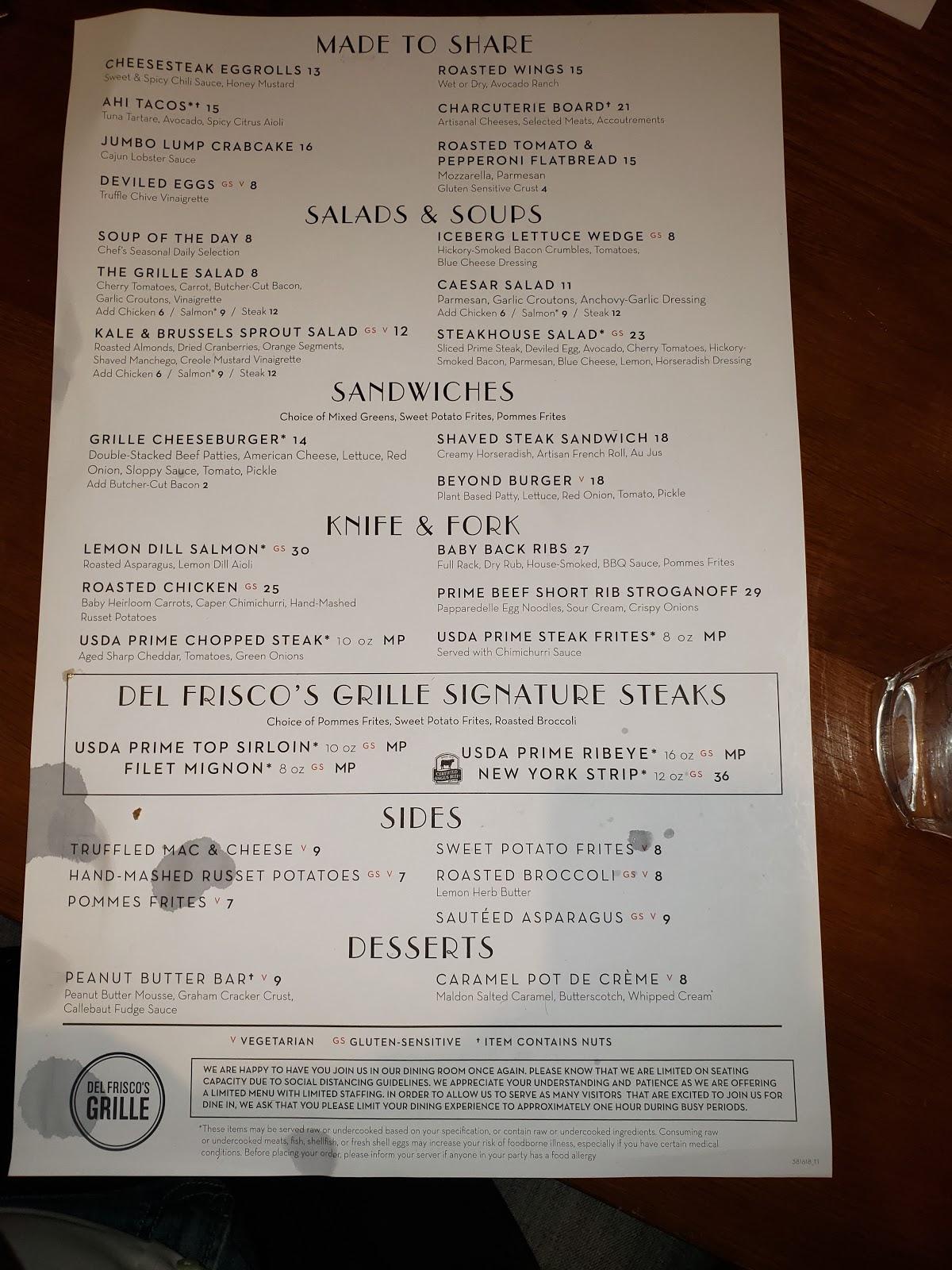 Menu at Del Frisco's Grille steakhouse, Fort Worth